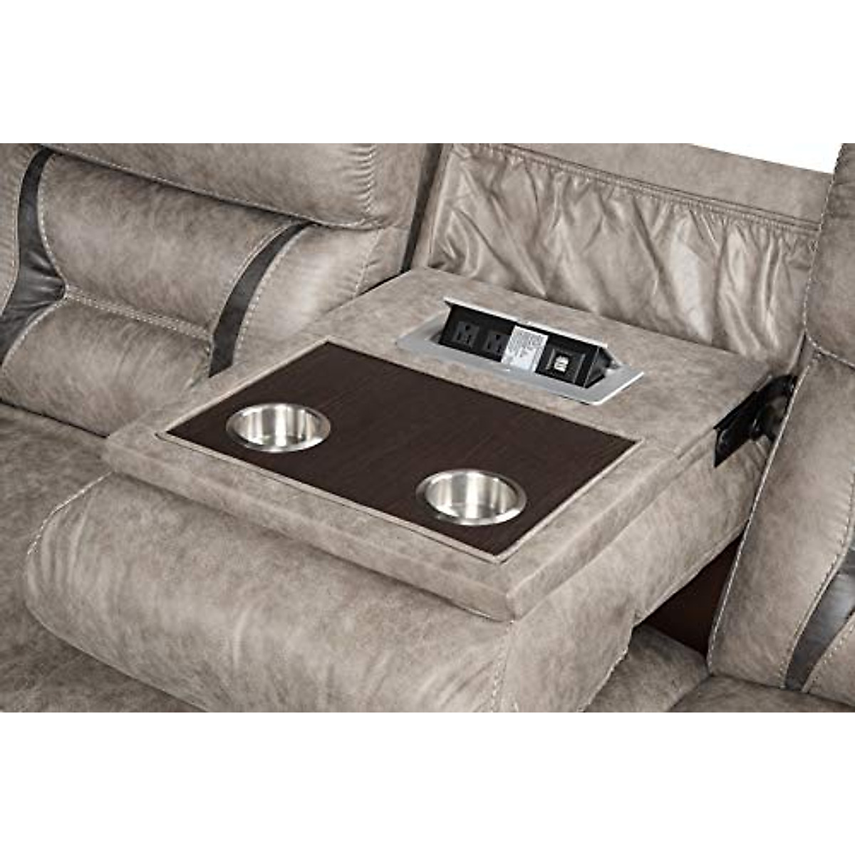 Roundhill Furniture Elkton Manual Motion Reclining Sofa and Loveseat with Storage Console, Taupe