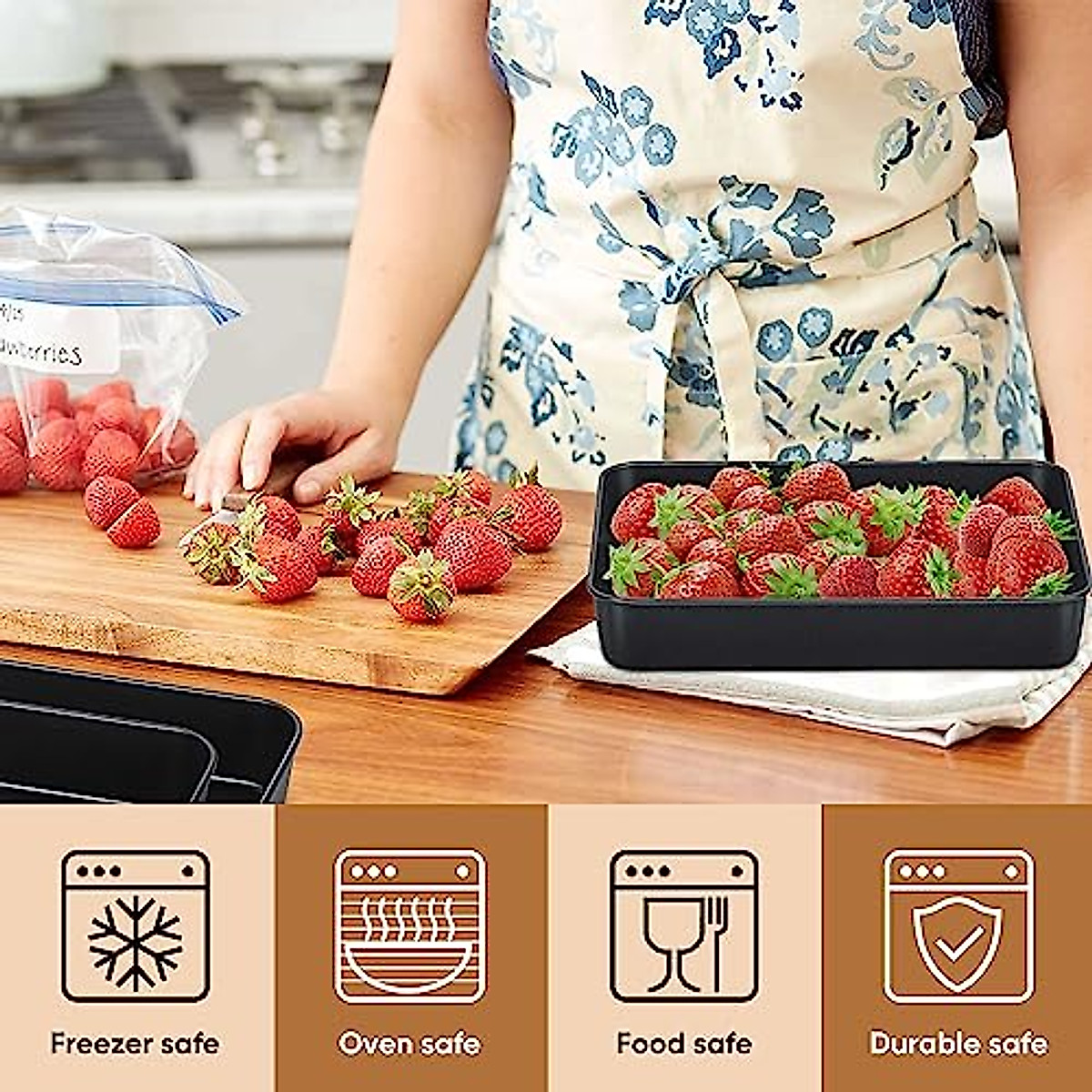 E-far Nonstick Baking Pans Set of 3, Rectangle Stainless Steel Sheet Cake Pan for Toaster Oven, 12.5/10.5/9.4 Inch, Black Bakeware for Brownie Lasagna Casserole Cake, Non-toxic & Healthy, 2 inch Deep