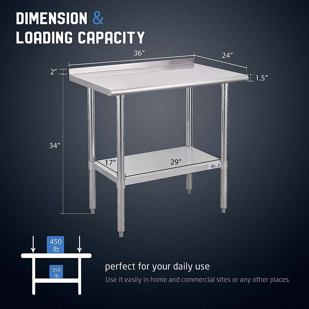Profeeshaw Stainless Steel Prep Table NSF Commercial Work Table with Backsplash and Undershelf for Kitchen Restaurant 24x36 Inch
