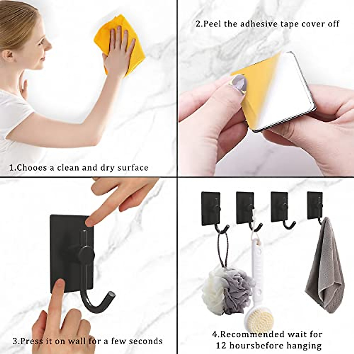 BATHHOLD Adhesive Hooks Wall Mount, Wall Hooks for Hanging Robe, Coat, Towel, Hat, Key on Bathroom,Kitchen,Washroom,Living Room - Matte Black - 8 Packs