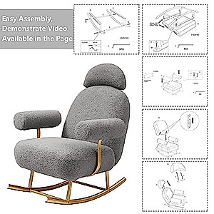 Setawix Teddy Nursery Rocking Chair Modern Faux Sherpa Accent Glider Rocker Chair Soft Boucle Rocking Armchair with Golden Metal Legs,High Back and Arms for Living Room Bedroom (Grey)