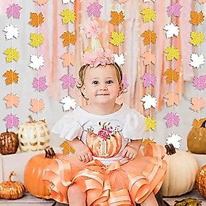Fall Maple Leaf Hanging Garland, Glitter Orange Pink Autumn Maple Leaves Hanging Garland for Fall Girls Birthday Baby Shower Wedding Fall Party Supplies Thanksgiving Party Decoration