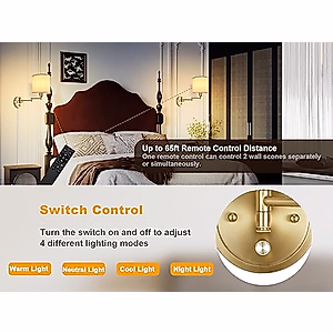 Plug in Wall Sconces with Remote Control, Dimming 10%-100% & Adjustable Colors 2700K-6500K, Hardwire or Plug-in, Swing Arm Wall Lamp with White Fabric Shade, Wall Sconces Set of Two, Gold Finish