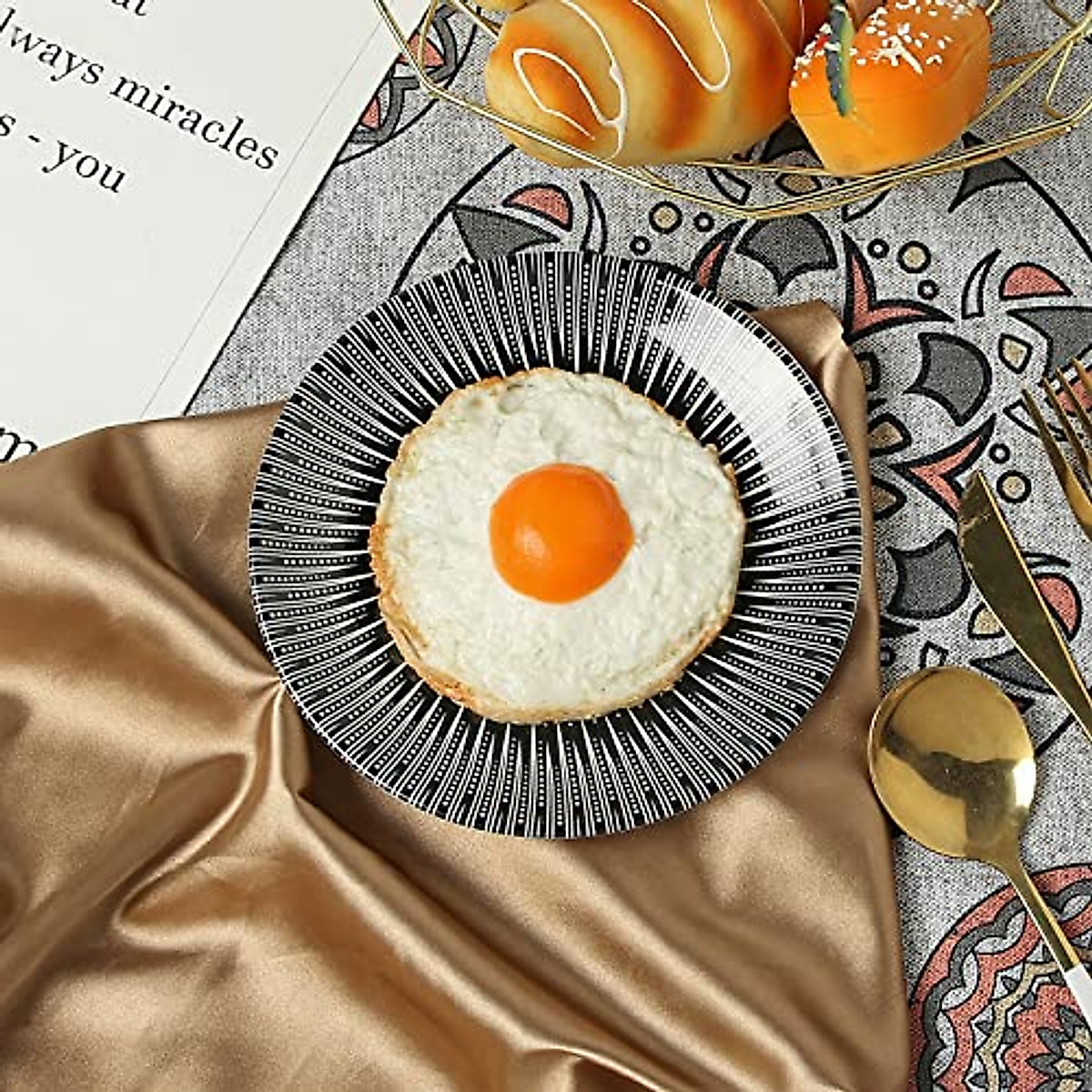 YUYHQCBT 6 Inch Set of 4 Assorted Designs, Porcelain Plates With Patterns,Black Ceramic Dessert Plates, Dishware for Sandwiches Salad Pasta,Microwave Oven Dishwasher Safe