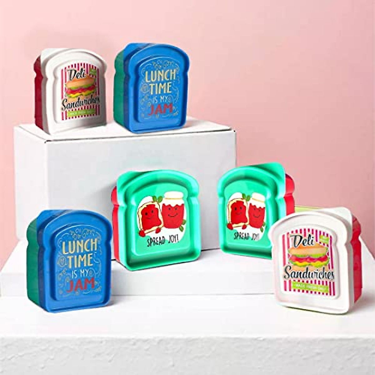 Pack of 6 Food Storage Sandwich Containers, 2 cups / 16 oz / 490 ml - 3 Different Designs. Great for Meal Prep. Kids or Adult Lunch Box - BPA Free and Reusable