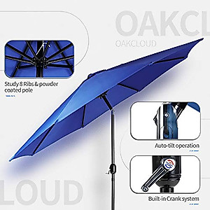 Oakcloud 9' Patio Pool Umbrella, 95% UV Protection Outdoor Table Market Umbrella with Push Button Tilt Adjustment/Crank, 8 Sturdy Ribs for Outside Yard Garden(Dark Blue)