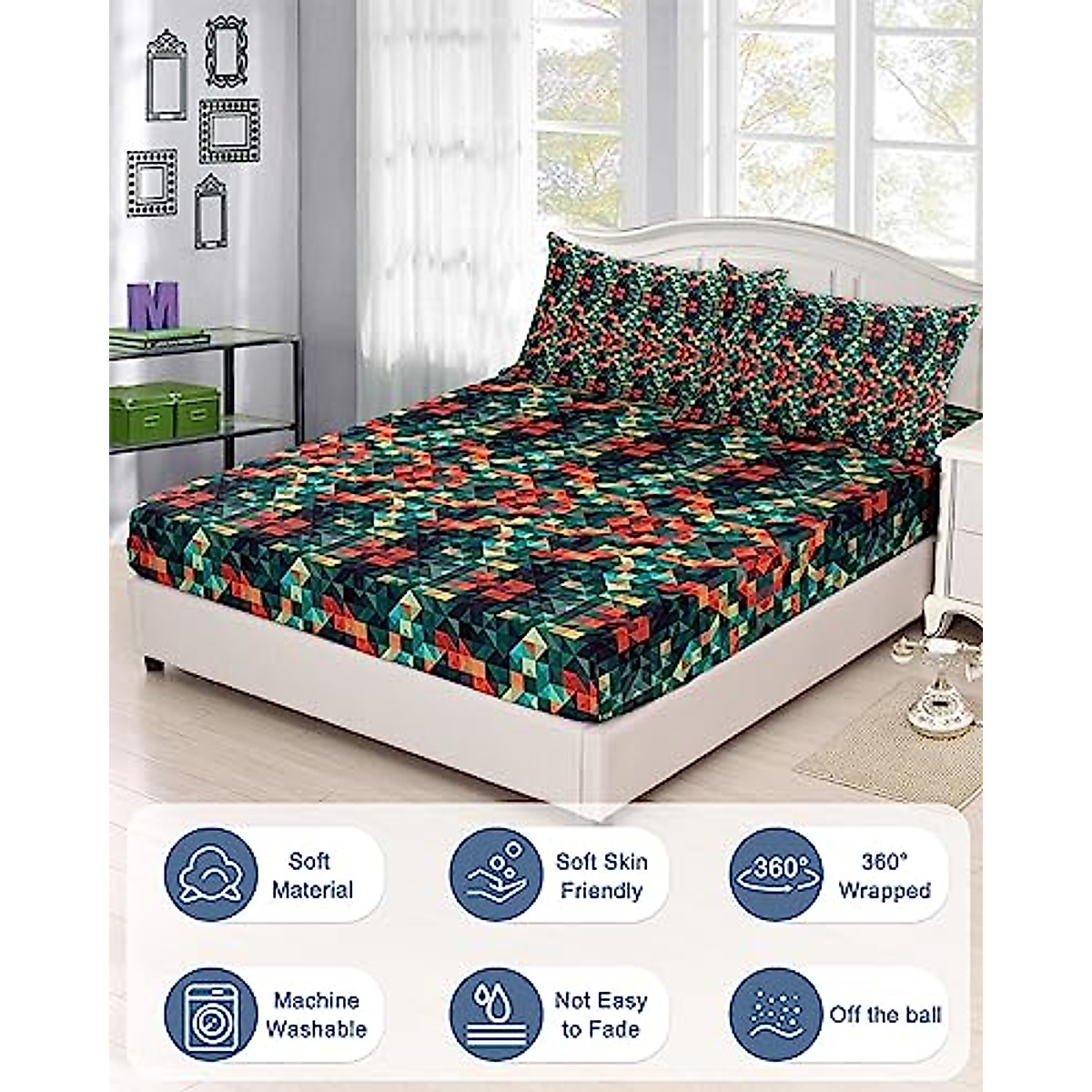 Abstract Colorful Mosaic Tile Art Fitted Bed Sheets Full Size Fit 5-16inch Deep Pockets,Luxury Bottom Sheet Bedding Set with Pillow Case,Seamless Texture Geometric Square Fitted Sheet for Mattress