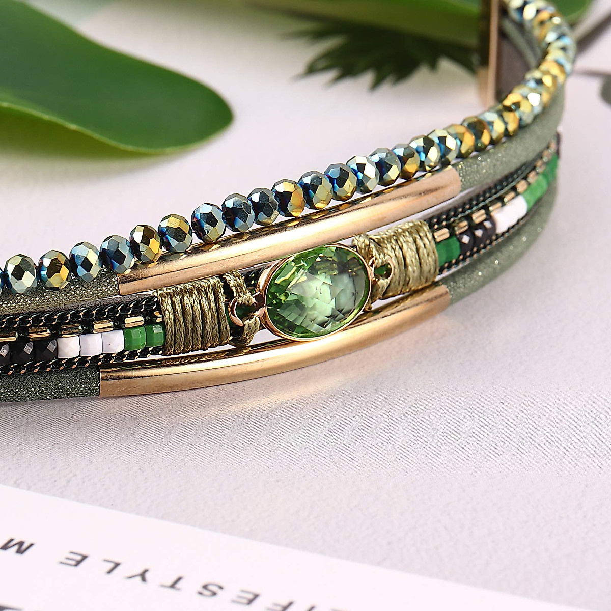 FANCY SHINY Leather Wrap Bracelets Crystal Beads Bracelet Boho Cuff Stone Charm Bracelets with Clasp Costume Jewelry for Women(Dark Green)