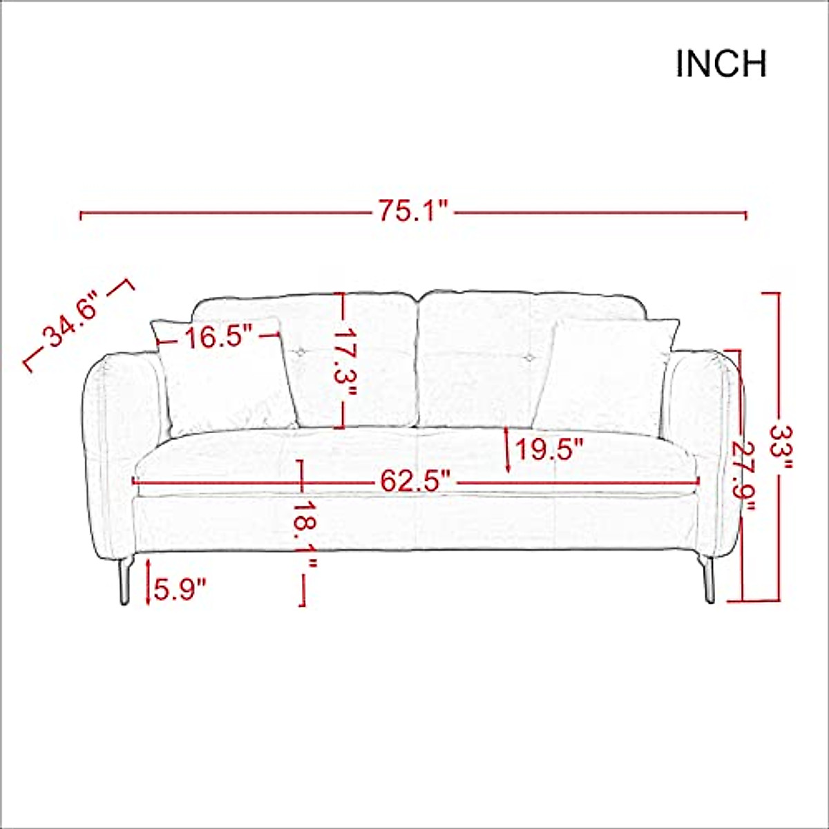 Morhome Sofas for Living Room,Pillowed Back Cushions and Arms, Durable Modern Upholstered Fabric-Navy Blue