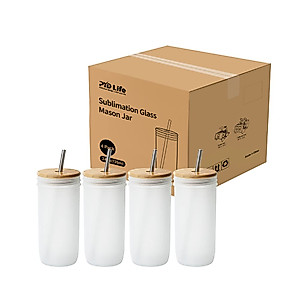 PYD Life Sublimation Glass Blanks Mason Jar Tumblers Cans Frosted 24 OZ with Bamboo Lid and Stainless Steel Straw,Wide Mouth Tumbler Cups Jar for Tumbler Heat Press 4 Pack