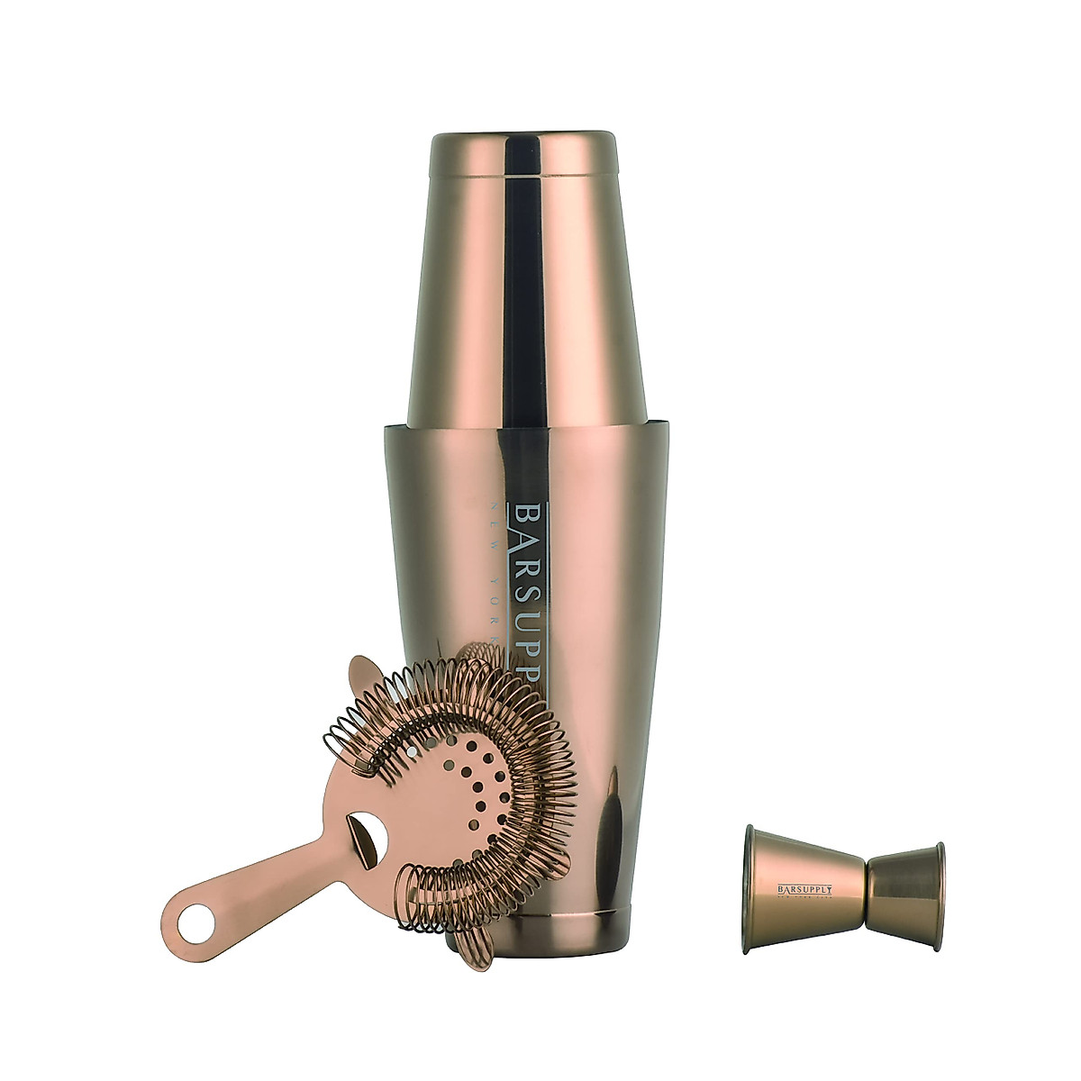 Professional Boston Cocktail Shaker Set | 4-Piece Bar Set | Stainless Steel 304 | 28oz/18oz Weighted Shaker Tins | Hawthorne Strainer | Double Sided Jigger | Recipe Booklet | Bartender Kit (Copper)