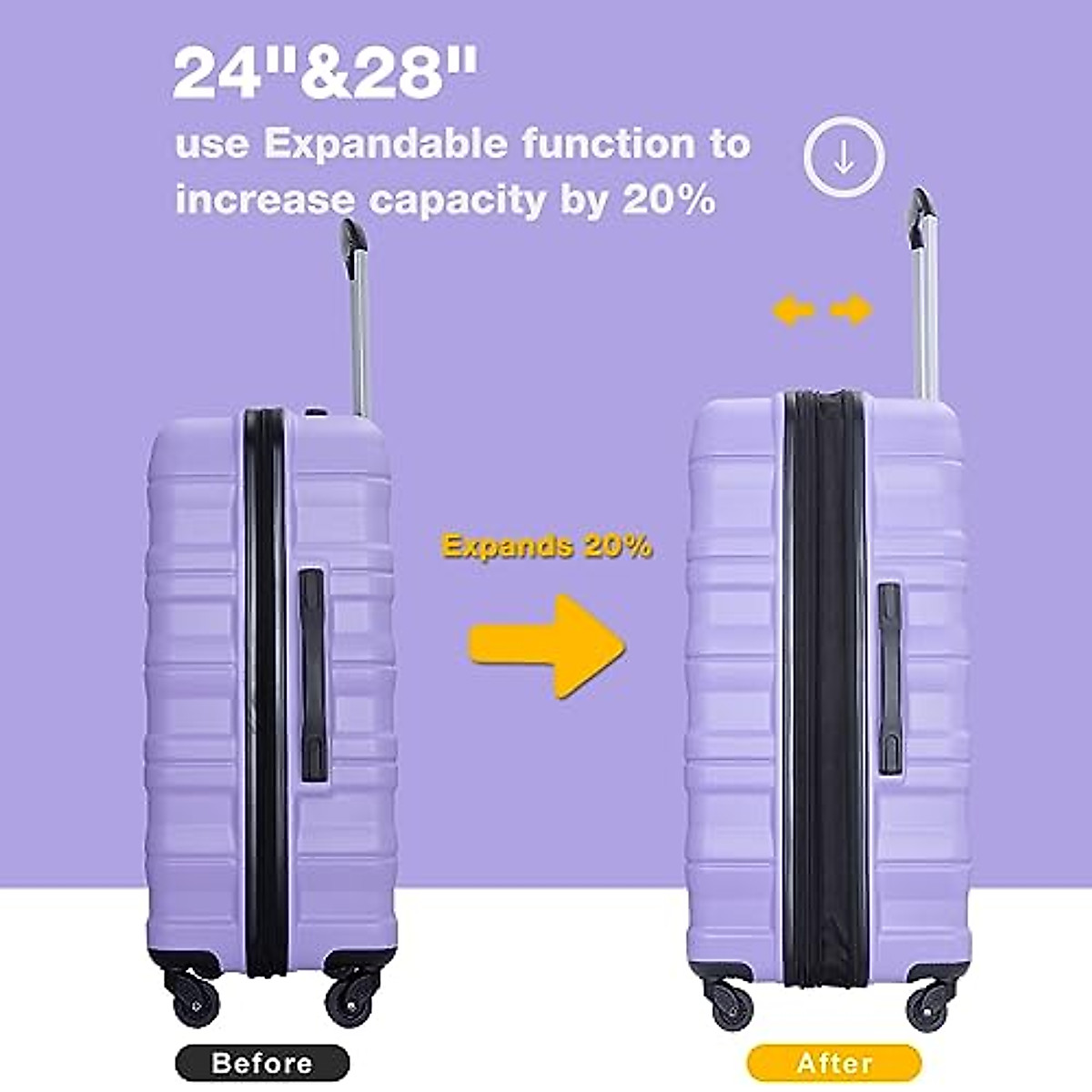 Travelhouse Expandable Hard Shell Luggage 3 Piece Set, PC Hard Wheel Luggage Set with Spinner Wheels, TSA Lock, 20 inch 24 inch 28 inch Women's suitcase set(light purple)