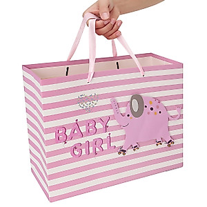 13" Large Pink Gift Bag Set with Greeting Card and Tissue Paper(3D elephant) for Baby Girl,Baby Shower,Kids Birthday Party,Newborn,New Moms or Parents-13” x 5.2” x 10.2”, 1 Pcs.