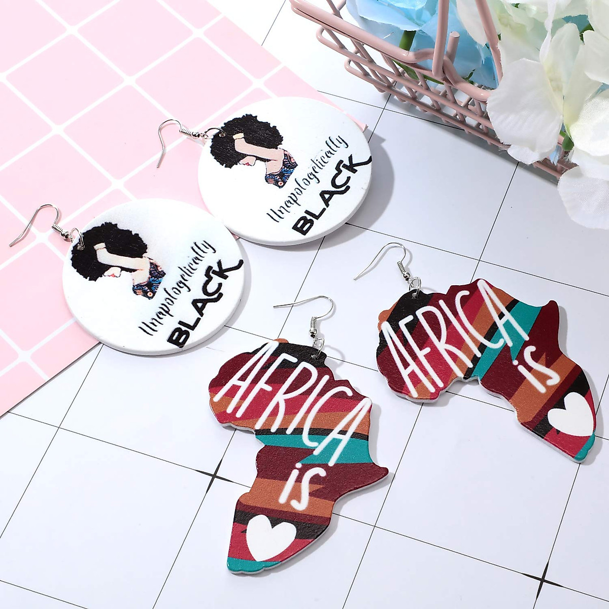 12 Pairs African Map Wooden Earrings African Women Dangle Earrings Natural Ethnic Earrings (Classic Style)