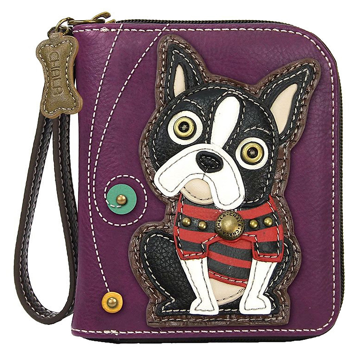 Chala Boston Terrier Zip-Around Wristlet Wallet - Dog Mom Gift (Purple)