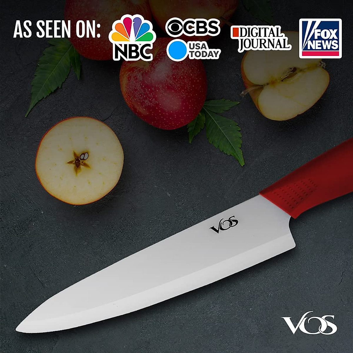 Vos Universal Knife Block and 8 Inch Ceramic Chef Knife Red