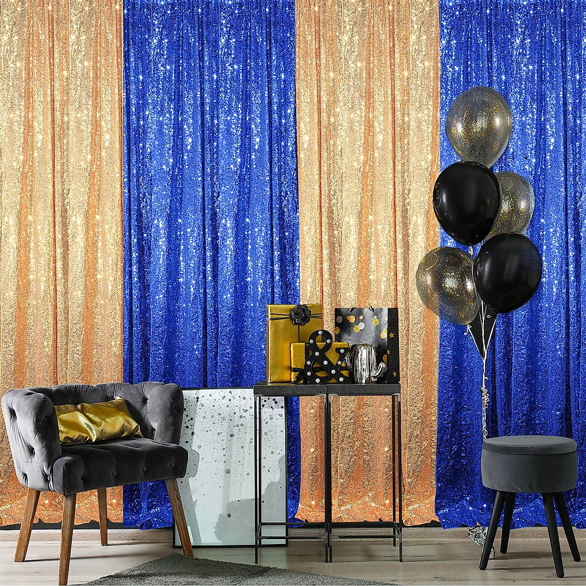 4 Panels Sequin Backdrop Curtain 2 ft x 8 ft, Backdrop Curtain for Party Sequin Backdrop Glitter Curtain for Congrats Grad Graduation Party Decorations, Birthday, Wedding (Blue, Gold)
