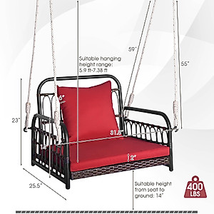 HAPPYGRILL Hanging Porch Swing, Single Person Outdoor Hanging Seat w/Back Cushion & Seat Cushion, Ropes, Porch PE Wicker Swing, Perfect for Garden, Deck, 400 lbs Capacity