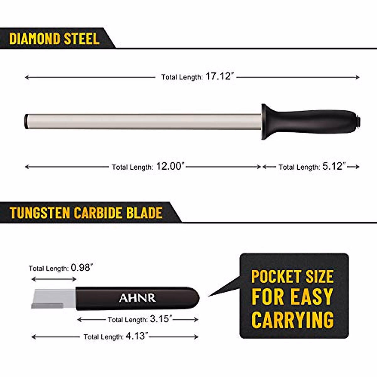 12 Inches Diamond Honing Steel Professional Knife Sharpener Rod, AHNR Kitchen Knife Sharpening Rod & Tungsten Carbide Multi-Sharpener for Honing Knife Blades, Pruning Shears, Garden Tools