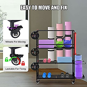 Home Gym Storage Rack, Yoga Mat Storage Racks, All in One Workout Equipment Storage Organizer for Yoga Ball Dumbbell Kettlebells Foam Roller Resistance Bands, Exercise Shelf with Hooks and Wheels