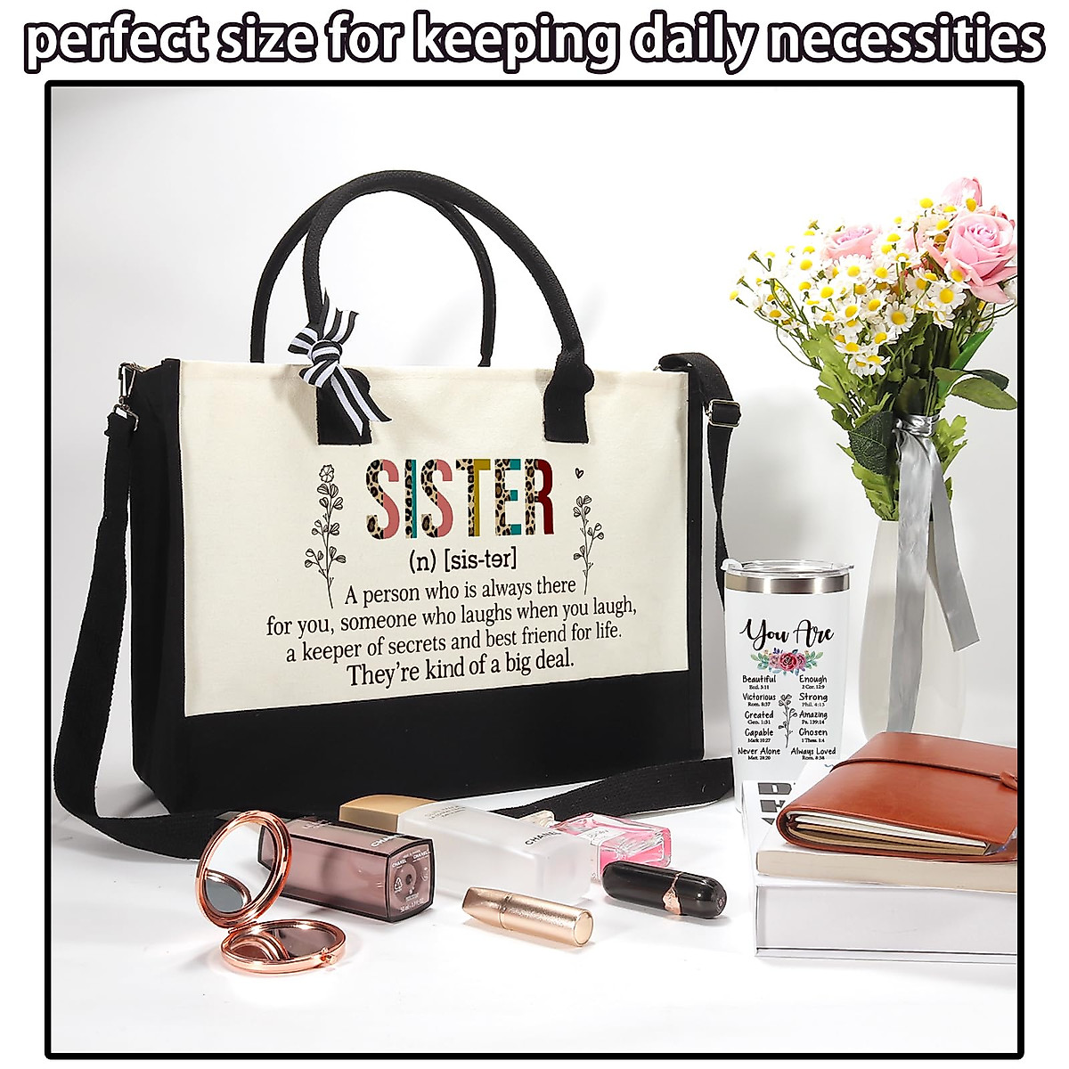 BackURyear Sister Birthday Gifts, Friendship Gifts for Sister, Thank You Gifts for Sister, Sister Tote Bag Gifts, Sister Graduation Gifts, Sis Gifts/Christmas Gifts for Sister