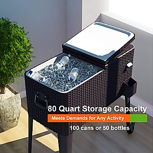 Giantex 80 Quart Rattan Rolling Cooler Cart Outdoor Patio Portable Party Drink Beverage Bar Cold Beach Chest Cart on Wheels, Brown Wicker, 32.7''(L) X18.9''(W) X43.3''(H)