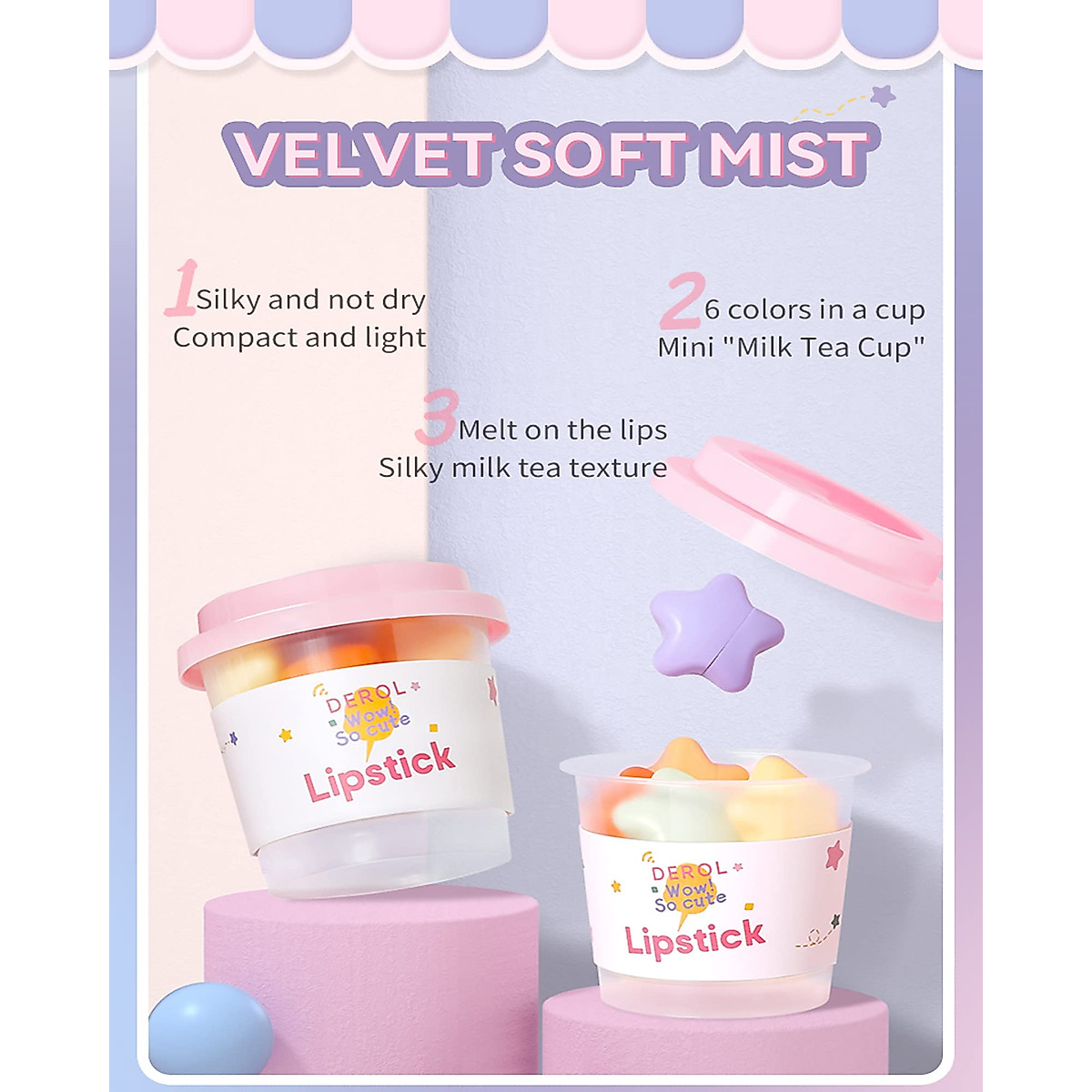 AKARY 6 Colors Mini Lipstick Set, High Pigment Stars Candy Matte Multicolor Red Lips Velvety Soft Lip Stick Waterproof Long Lasting Cute Capsule Lip Gloss, Non-Stick Cup Lip Makeup Gift Set for Women Girls