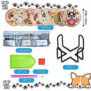 SUUYOO 8 Pcs Diamond Painting Coasters with Holder, Cute Dog Diamond Art Coasters, DIY Craft Kits for Adults, Small Diamond Art Coasters Kit for Kids Beginners