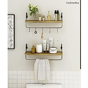 Godimerhea Floating Shelves with Hooks, Set of 2 Rustic Wall Mounted Wooden Decorative Storage Shelves with Towel Rack for Coffee Bar, Kitchen, Living Room（Brown）