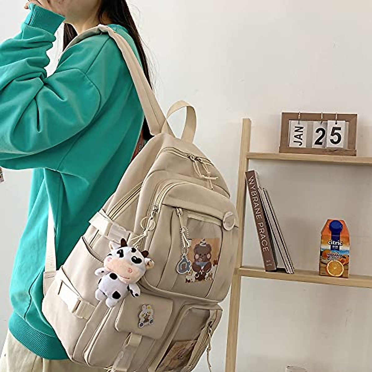 YOUNE Kawaii Backpack, with Kawaii Pin and Cute Accessories Backpack Cute Aesthetic Backpack for School Capacity Rucksack, Beige