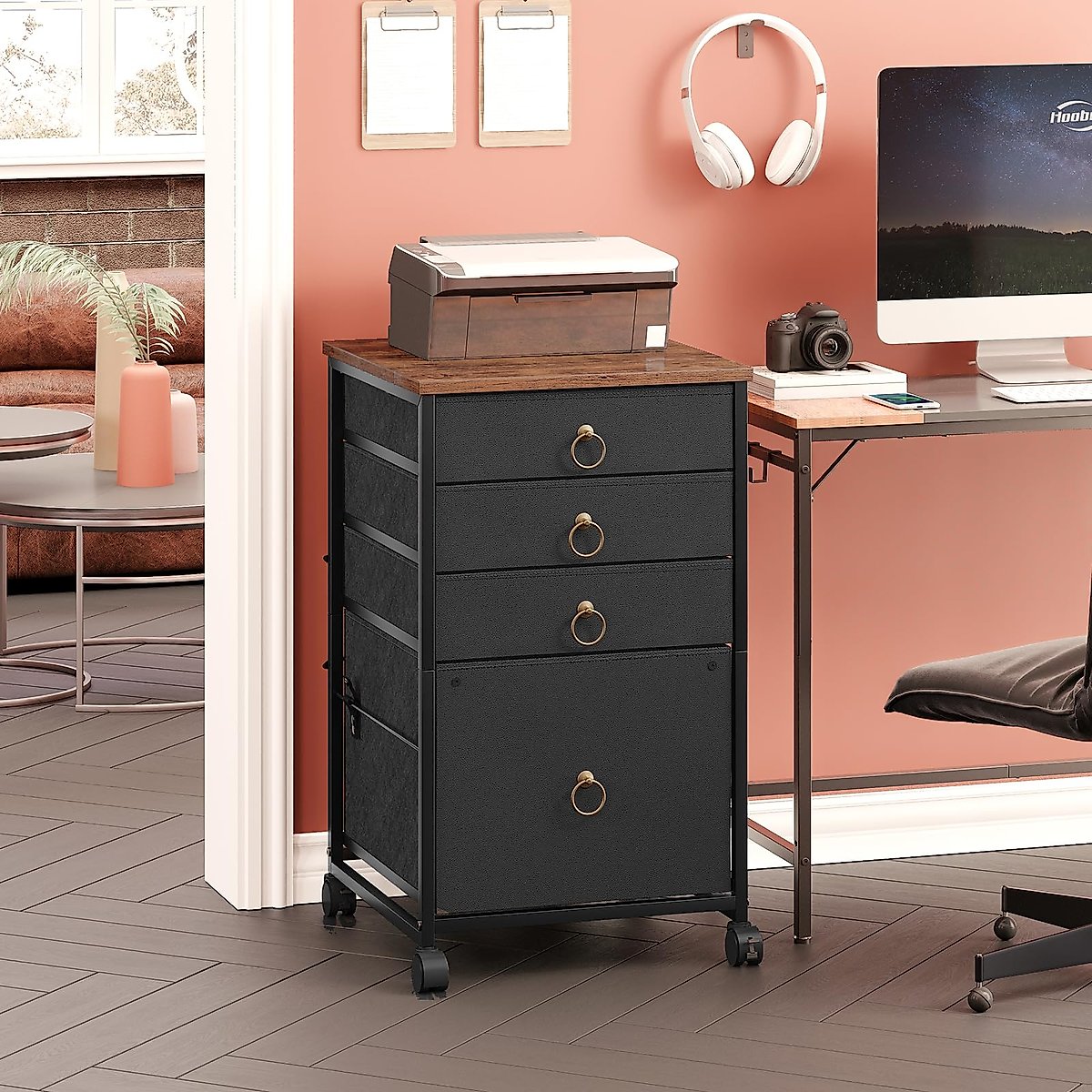 HOOBRO 4-Drawer Mobile File Cabinet, Rolling Printer Stand with drawers, Under Desk Rolling File Cabinets for Home Office, A4/Letter Size, Nonwovens Drawer, Easy Assembly, Black BFK40WJ01