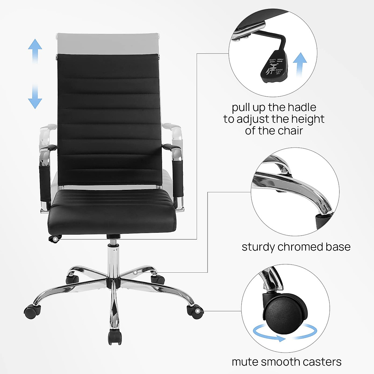 Office Desk Chair with Wheels, Beatmart INC Ergonomic Black Leather Conference Room Chairs Height Adustable | Ribbed High Back | Swivel Rolling Task Chair