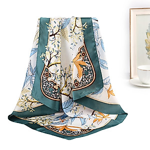 CHLINS 27 Inches Silk Feeling Square Head Scarf - 4 Pcs Satin Square Head Scarves for Women Hair Bandanas Head Kerchief Sleeping Wrap Neckerchief(Black+Grey+Coffee+Green)