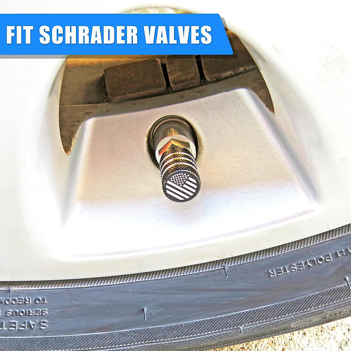 Black Tire Valve Stem Covers Metal Tire Air Caps with Plastic Liner American Flag Tire Stem Valve Caps, Corrosion Resistant, Universal for Car Truck Motorcycle Bike (4 Pack)