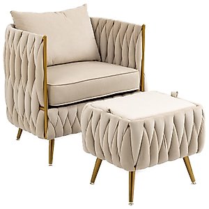 NIOIIKIT Modern Velvet Accent Chair with Storage Ottoman, Upholstered Hand Woven Lounge Chair with Pillow, Luxury Armchair, Vanity Chair for Living Room, Bedroom, Office (Beige)
