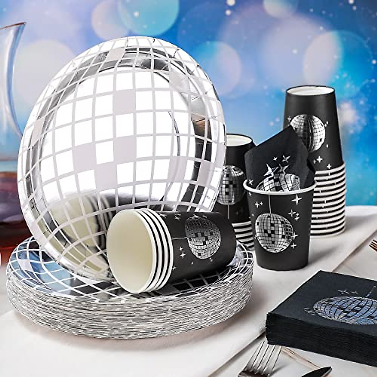 70s Disco Party Supplies Includes 50 Pcs Silver Disco Ball Paper Dinner Plates 50 Pcs Disco Paper Cups 50 Pcs Disco Party Cocktail Napkins for Disco Wedding Party Picnic Travel (Black and Silver)