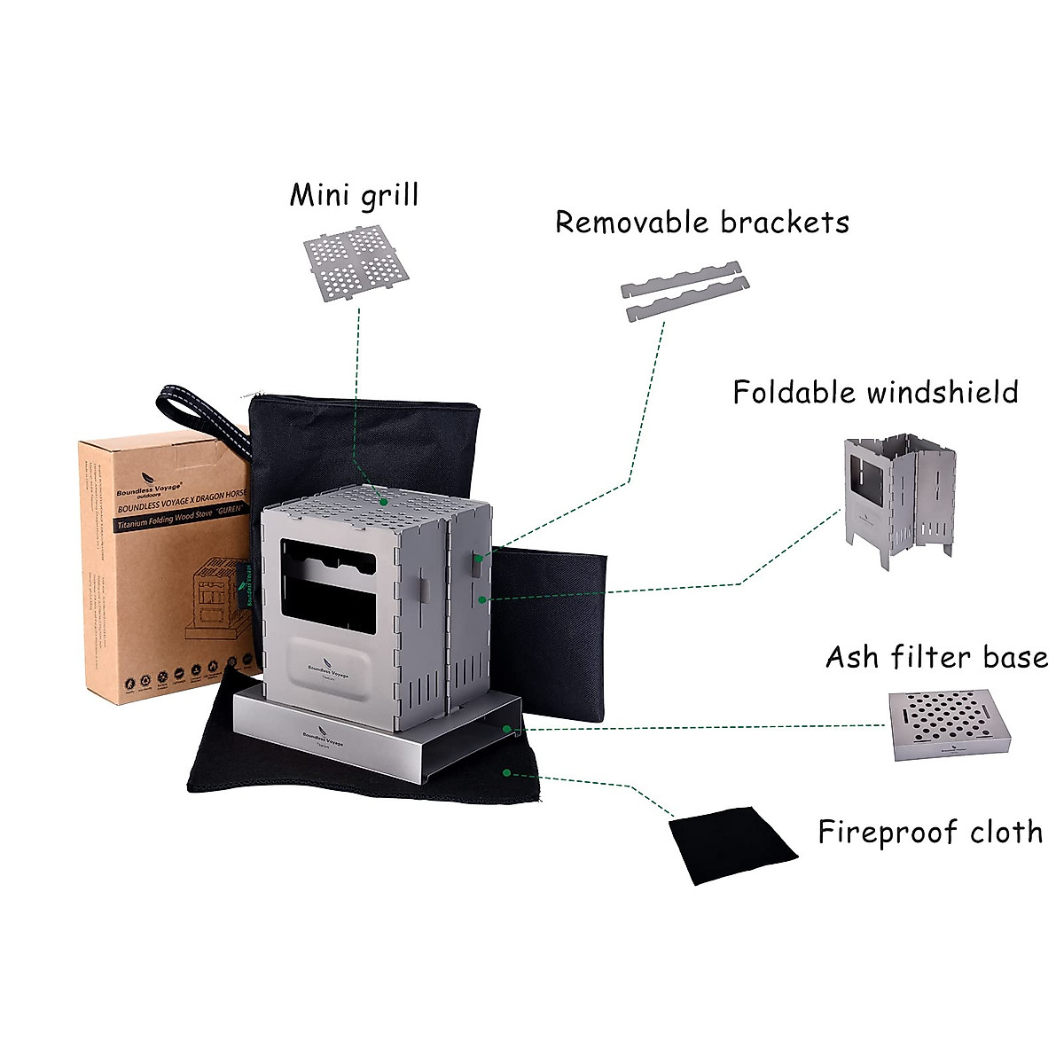 Boundless Voyage Titanium Folding Wood Stove Backpacking Stove with Pot Bracket Outdoor Camping Charcoal Burner Furnace Ti2010C