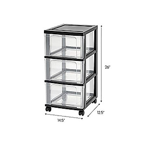 IRIS USA NC-3 Wide Storage Cart, 3 Drawer (2 Pack), Black, 2 Count