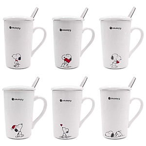 FINEX Random Style Snoopy White Ceramic Coffee Mug Water Cup Set with Lid and Spoon