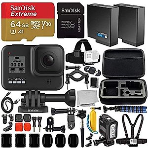 GoPro HERO8 Hero 8 Black Action Camera and Deluxe Accessory Bundle - Includes: SanDisk Extreme 64GB microSDHC Memory Card + Premium Hard Case + Underwater LED Light & Much More