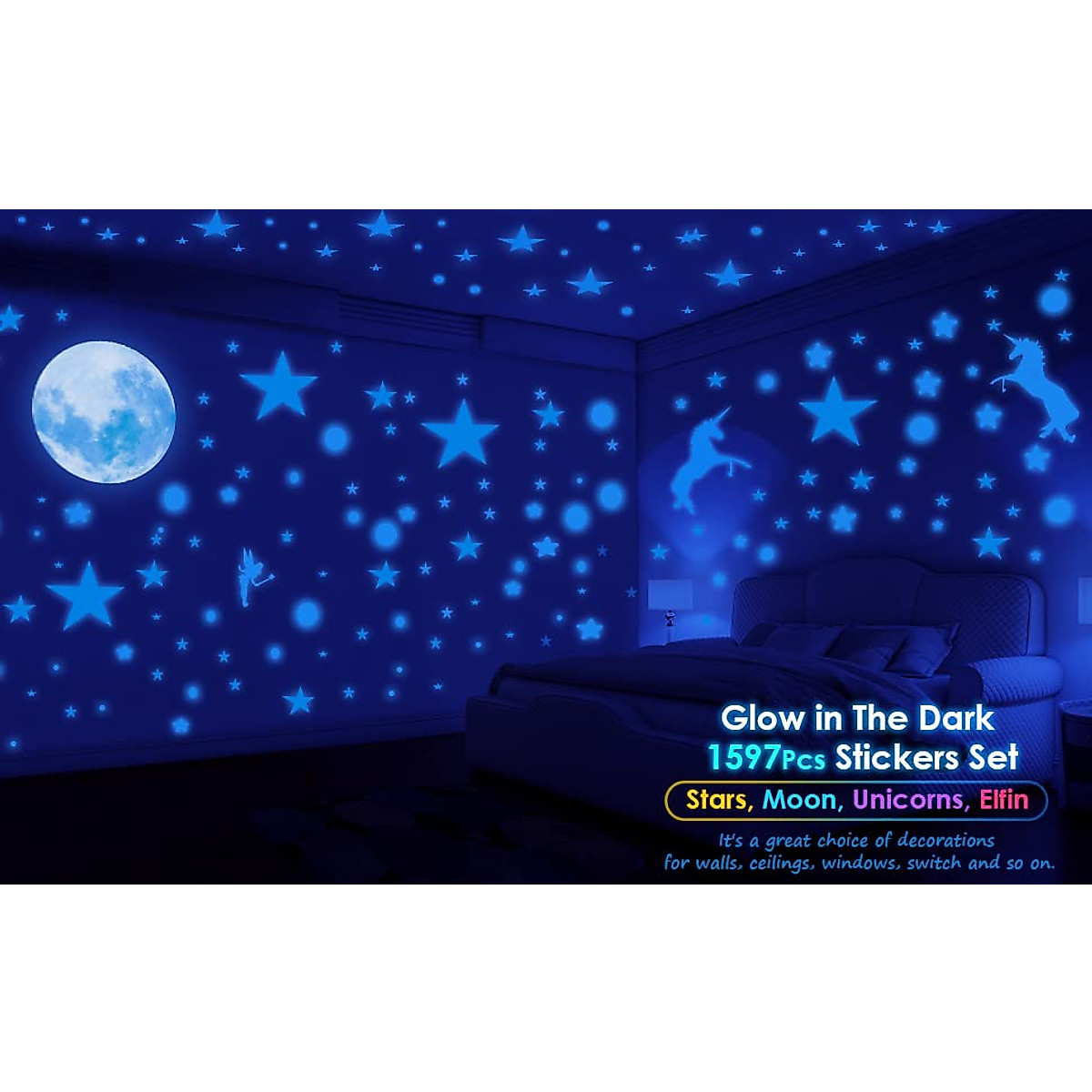 Glow Stickers in The Dark Stars Moon Elfin Unicorns Dots 1597 PCS Set Self-Adhesive Glow in The Dark Stickers for Room Ceiling Wall Decals Kids Party Decoration