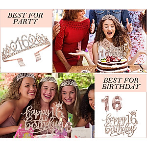 8pcs Sweet 16 Birthday Decorations for Girls, Including 16th Happy Birthday Cake Toppers, Birthday Queen Sash with Pearl Pin, Sweet Rhinestone Tiara Crown, Number Candles and Balloons Set, Rose Gold