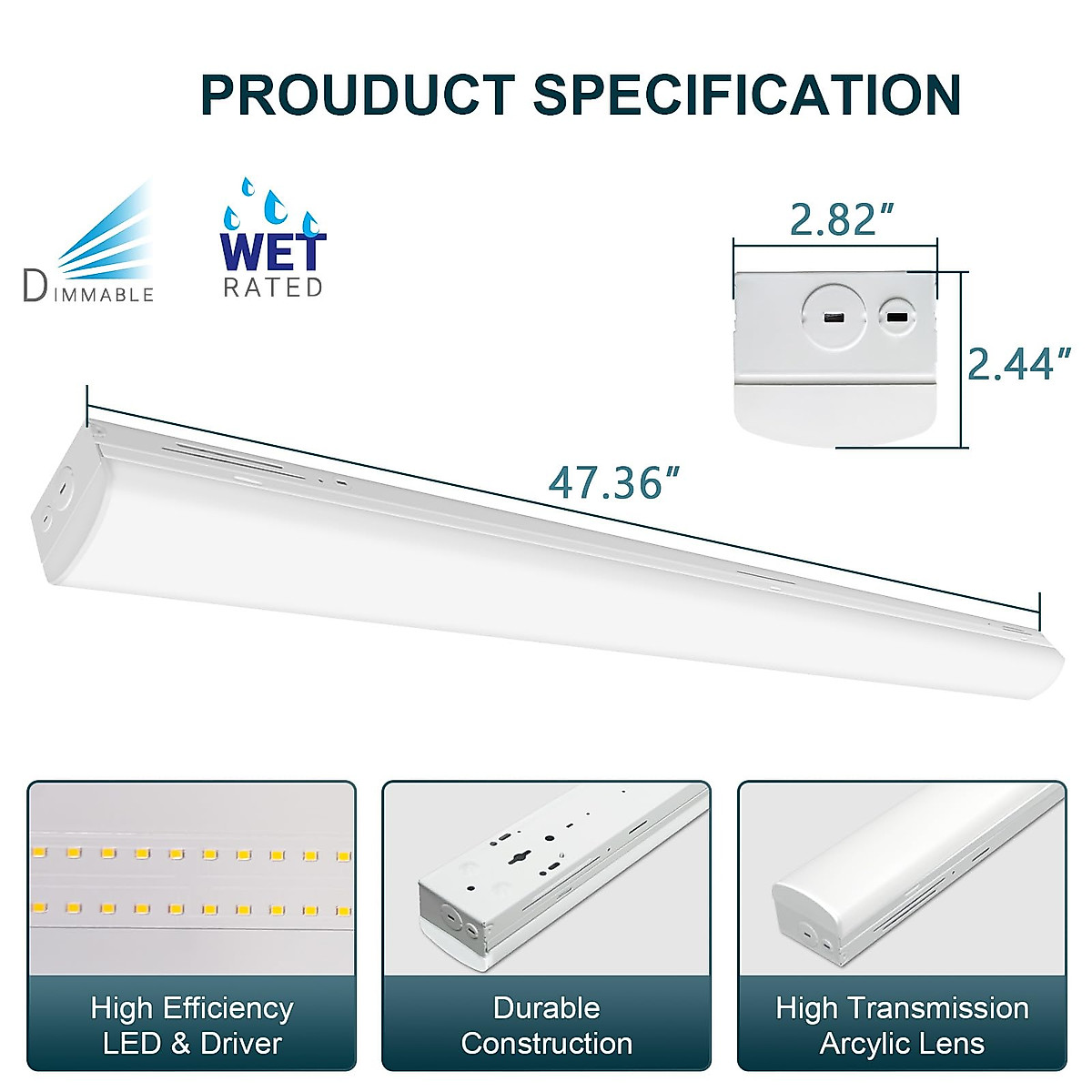 ELEPHANT DEPOT 4FT Led Light Fixtures,45W Dimmable Led Shop Light,48Inch Led Light Fixture,5850LM, 3500-5000K, Dimmable Linkable Led 4ft for Shop,Warehouse,Garage 5 Years(Included Chain)
