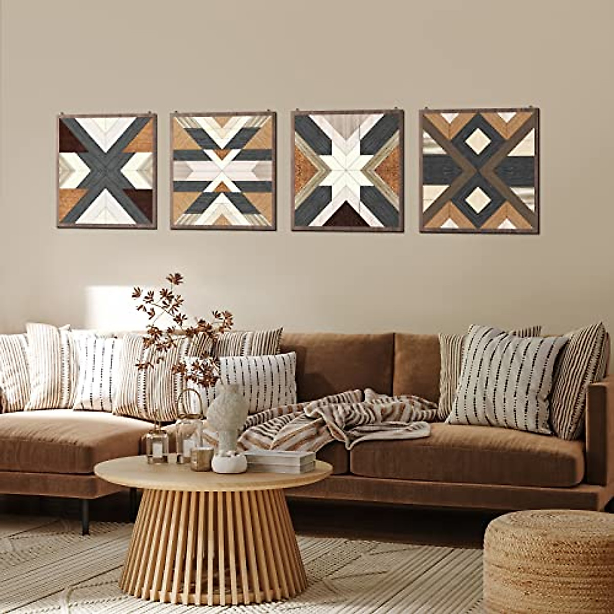 Qunclay 4 Pieces Wood Wall Art Wooden Aztec Wall Decor Boho Western Wall Decor Diamond Sign Farmhouse Home Wall Art Prints on Wood for Apartment Bedroom Living Room, 11.8 x 11.8 Inches