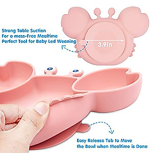 Silicone Suction Plate for Toddlers with Fork Spoon Set - Self Feeding Training Divided Plate Dish and Bowl for Baby and Toddler, Fits for Most Highchairs Trays (Pink)