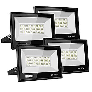 OHLUX LED Flood Lights Outdoor, 6000lumen Superbright, 60W IP66 Waterproof for Security Lights, Exterior Lights, Garden, Patio, Playground, Basketball Court 4 Pack Black
