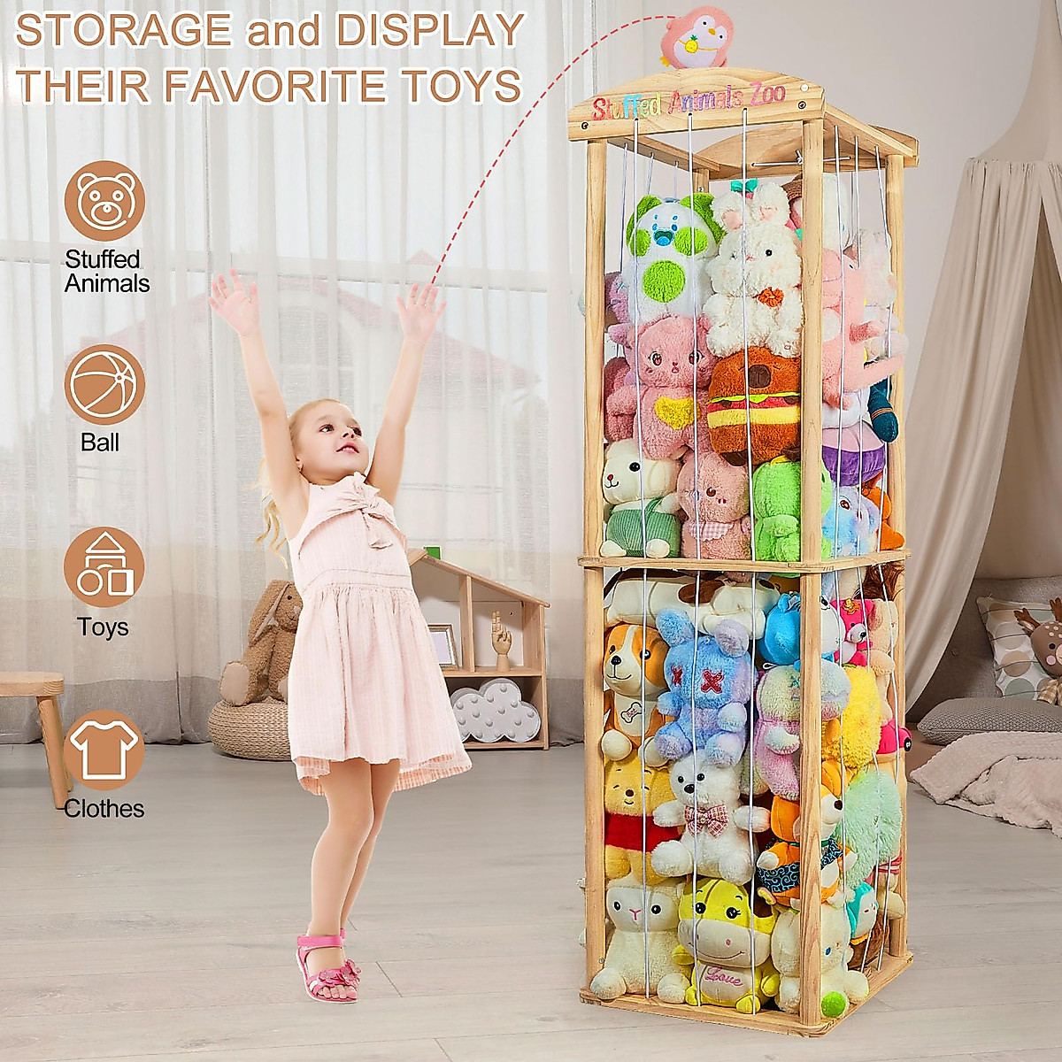 Basumee Stuffed Animals Storage Zoo with LED Light Large Wood Kids Toy Storage Organizer Holder for Stuffed Animals Girls Boys Nursery Room Bedrooms Stuff Animals Organizer