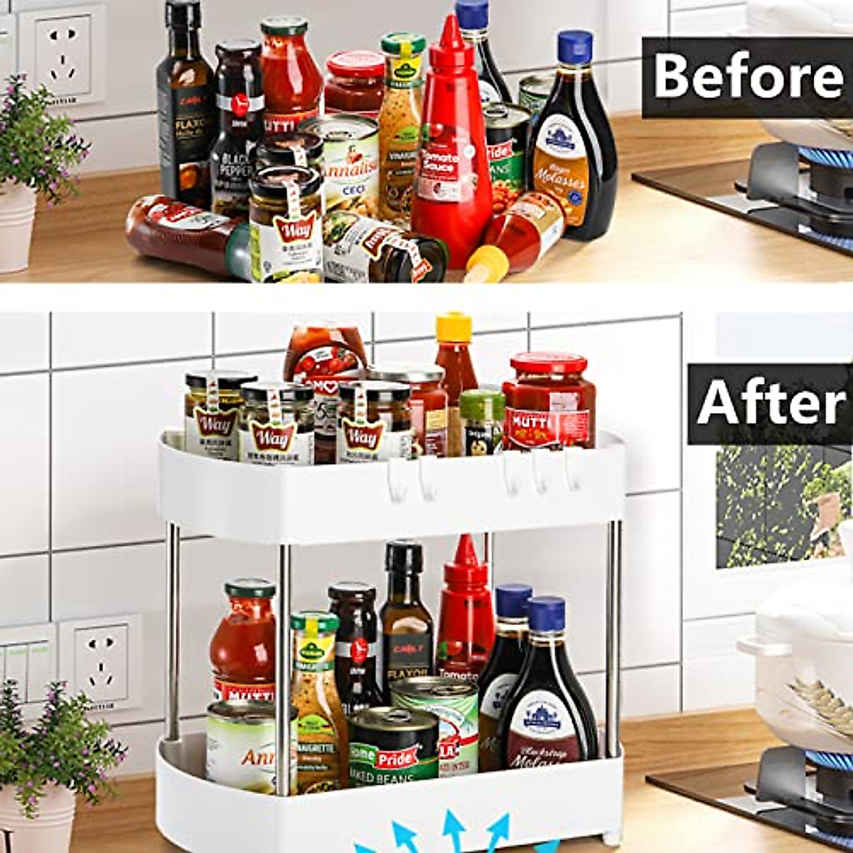 Dicunoy Under Sink Organizer and Storage, Plastic Under Cabinet Shelf for Bathroom, Multi-Purpose White 2 Tier Counter Side Organizer Bins with Hooks for Kitchen, Coffee Bar, Office, Table