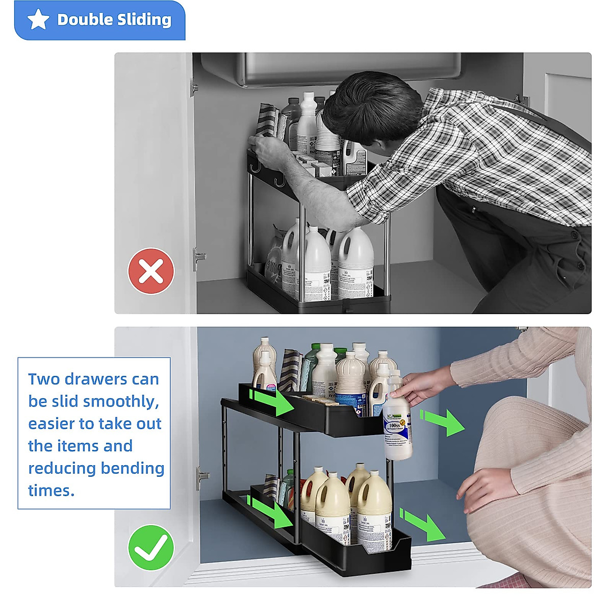 DIHUMK Under Sink Organizers and Storage for Bathroom Kitchen Cabinet 2 Tier Pull Out Double Shelf Drawer Black