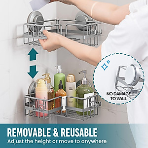 TAILI Heavy Duty Suction Cup Shower Caddy 2 Pack, Removable Rustproof Stainless Steel Shower Rack, Drill-Free Shower Shelf with Hooks, Wall Mounted Basket Organizer for Bathroom, Grey